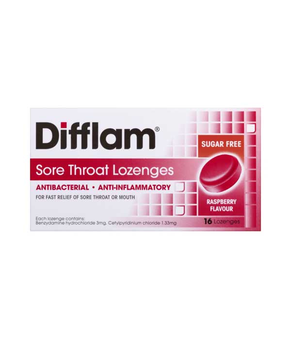 Difflam Sore Throat Lozenges. Raspberry 16 pack. ZOOM Pharmacy