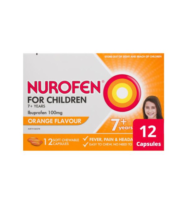 Nurofen Children Pain Fever Chew Caps 100mg Ibuprofen Orange 12 Pk ...