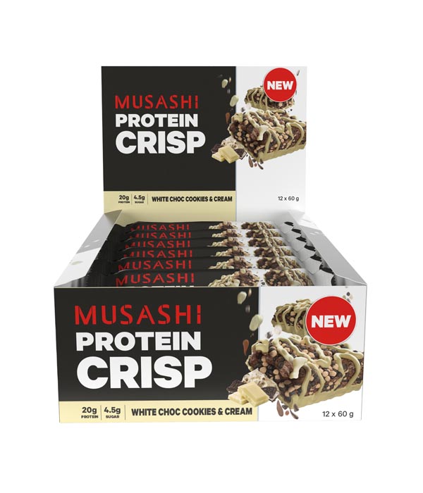 MUSASHI Protein Crisp White Choc Cookies & Cream 60g x 12 - ZOOM Pharmacy